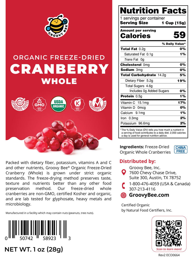 Organic Freeze-Dried Cranberry Whole 1 oz (28g) — Groovy Bee